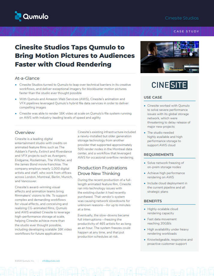 Cinesite Studios Taps Qumulo to Bring Motion Pictures to Audiences Faster with Cloud Rendering