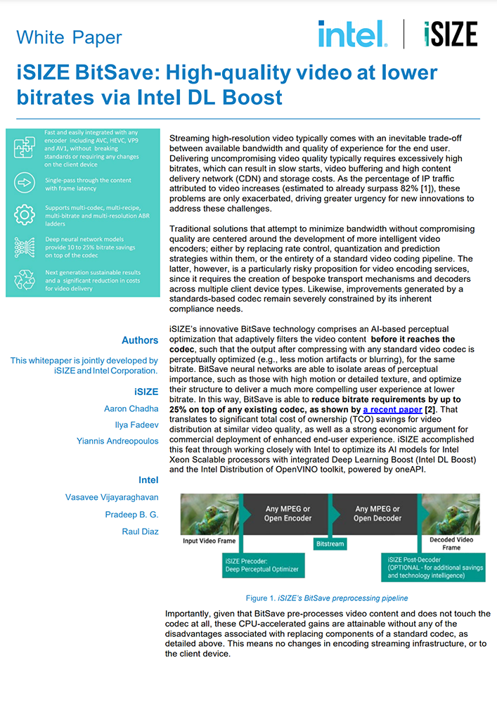 iSIZE BitSave: High-quality video at lower bitrates via Intel DL Boost